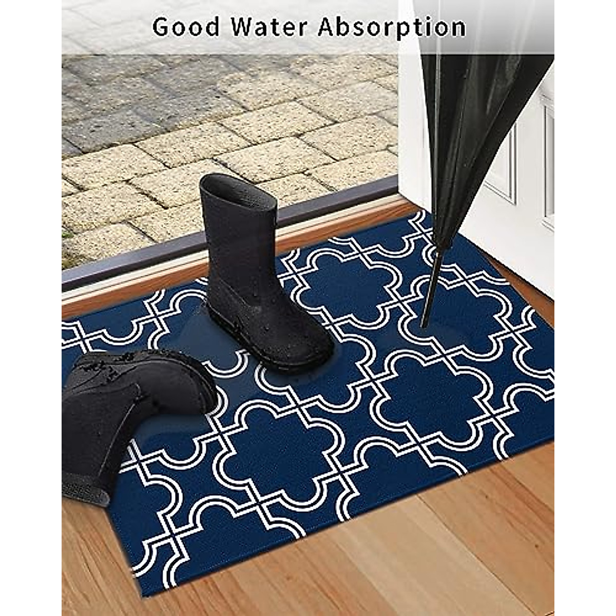 Front Entrance Floor Mats, Non Slip Bathroom/Kitchen Mat Absorbent Durable Small Rugs, Navy Geometric Moroccan Tile Pattern Door Mat Indoor/Outdoor Carpet Shoes Scraper 20x32 inch