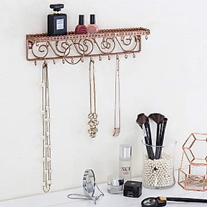 MyGift Rose Gold-Tone Metal Wall Jewelry Holder Organizer and Cosmetics Shelf Rack with 25 Necklace Hooks