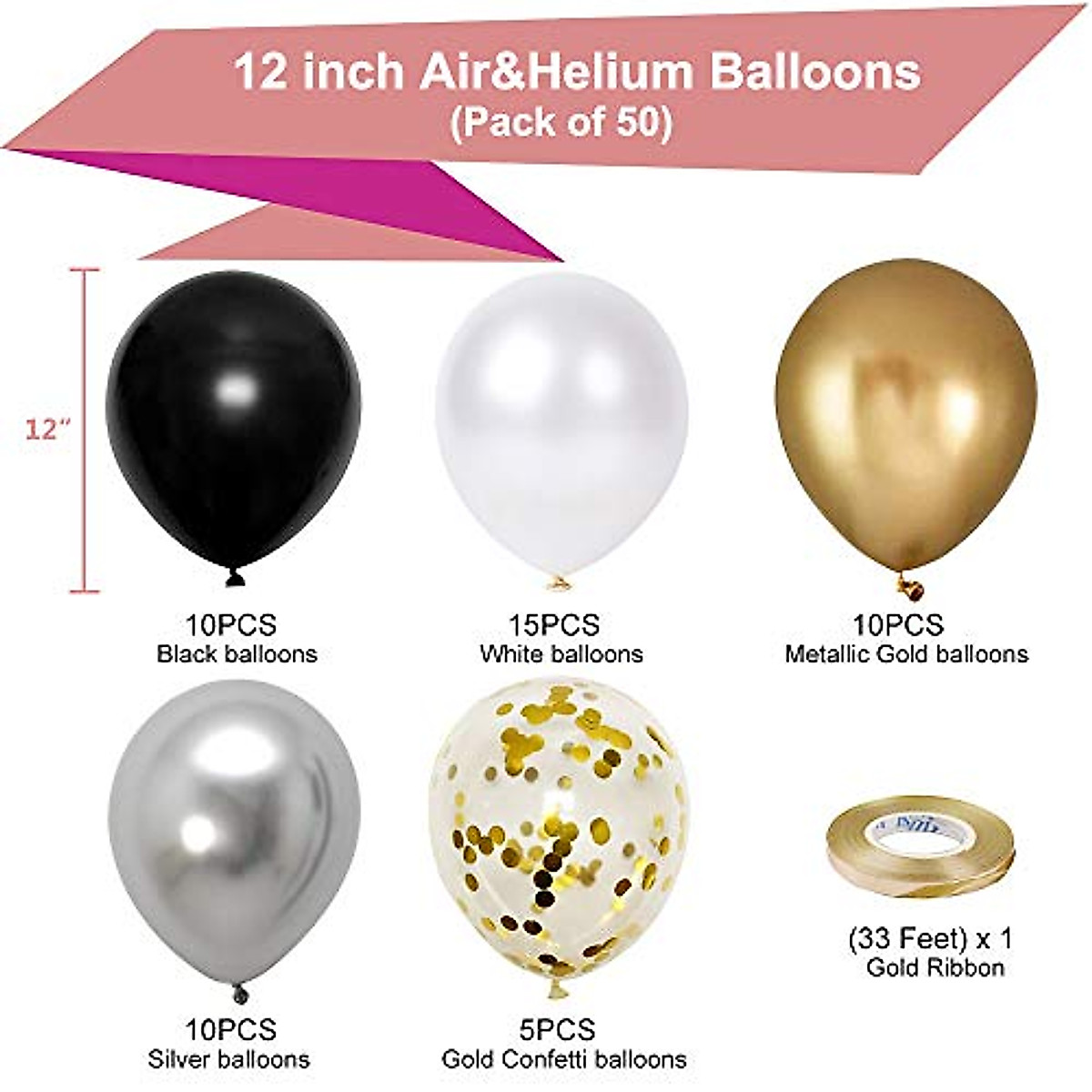 Black Gold Silver party Balloons, 50pcs 12 Inch Metallic Thicker Latex Confetti Balloons with Ribbon for Wedding Birthday Baby Shower Decorations (BlackGoldSilver50pcs)