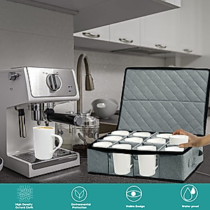 Boczif Coffee Cup Storage Box, Storage Containers Holds 12 Glassware, Coffee Mugs and Tea Cups, Padded Dinnerware Case with Dividers, Handles, Zipper & Lid, Stackable Holders for Plate, Cup, Flatware