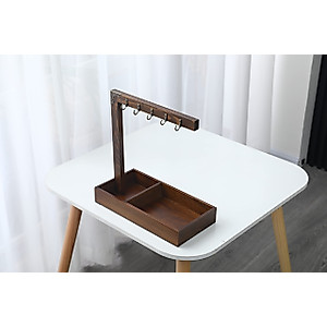 POKHDYE Wood Entryway Tabletop Key Holder Rack，Rustic Burnt Decorative Organizer with Storage Tray and Brass Tone Hooks，Jewelry Key Stand Hanging Organizer