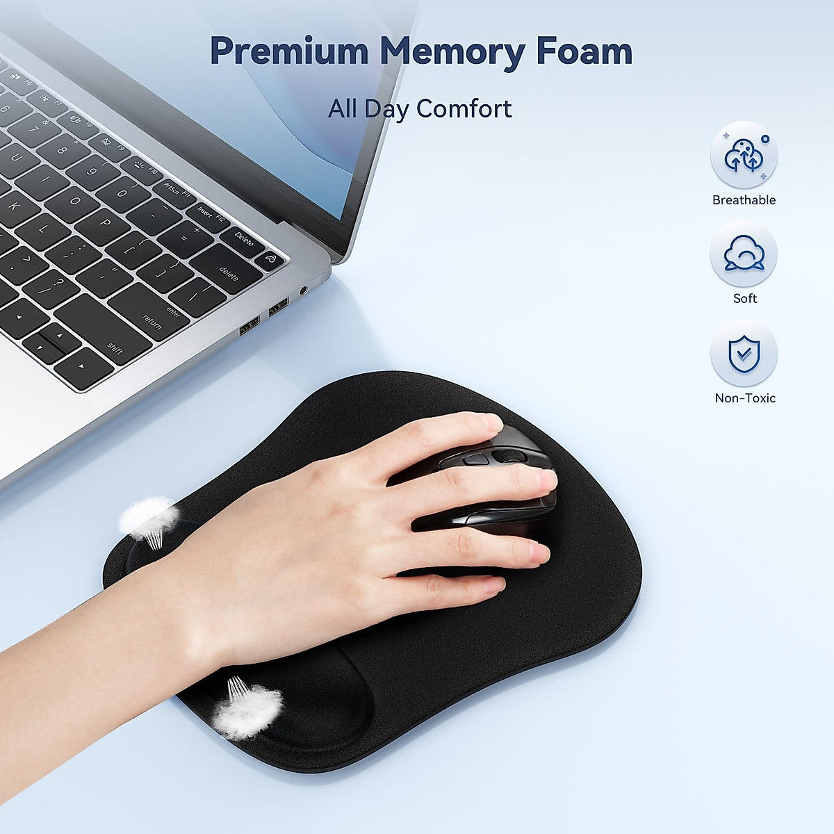 Mouse Pad with Wrist Support, TECKNET Ergonomic Gaming Mouse Pad Pain Relief, Portable Comfortable Mousepad for Computer, Laptop, Office, Home and Travel, Non-Slip Base, Waterproof Surface, Black