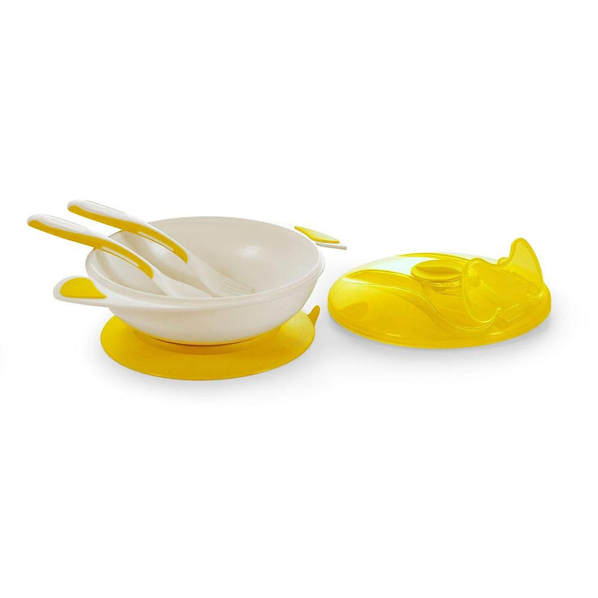 Baby Suction Bowl with Lid Snap-in Fork & Spoon - BPA Free First Stage Self Feeding Utensils - by Primo Passi |Yellow|