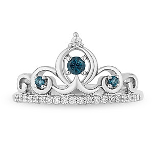 Jewelili Enchanted Disney Fine Jewelry Sterling Silver 2.7MM and 1.7MM Round Cut London Blue Topaz with 1/6 Cttw Natural White Round Diamonds Cinderella Tiara Ring Size 6