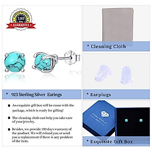 Turquoise Studs Earrings, 925 Sterling Silver Round Shape Tiny Studs, Turquoise Jewelry Mother Day Gift for Women Daughter Girlfriend with Gift Box-4mm 6mm