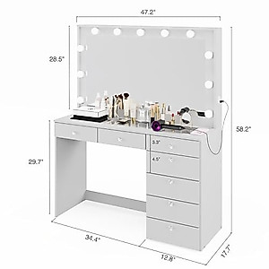 Boahaus Serena Modern Makeup Vanity with Hollywood Light Bulbs Add-On, 7 Drawers, Wide Mirror, Glam Glass Top for Bedroom