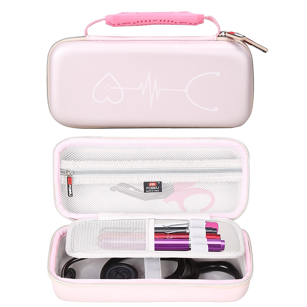 FBLFOBELI Stethoscope Case Compatible with 3M Littmann Classic III/Lightweight II S.E/MDF Acoustica Deluxe Stethoscopes, Includes Mesh Pocket for Nurse Accessories for Work (Pink)