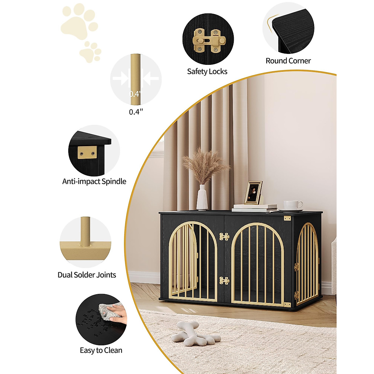 Hzuaneri 39.4'' Wooden Dog Crate Furniture TV Stand, Indoor Dog Kennel for Small/Medium/Large Dogs, End Side Table Dog Crates, Anti-Chew, Anti-Escape, Arched Door Design, Black Gold DFC84104A