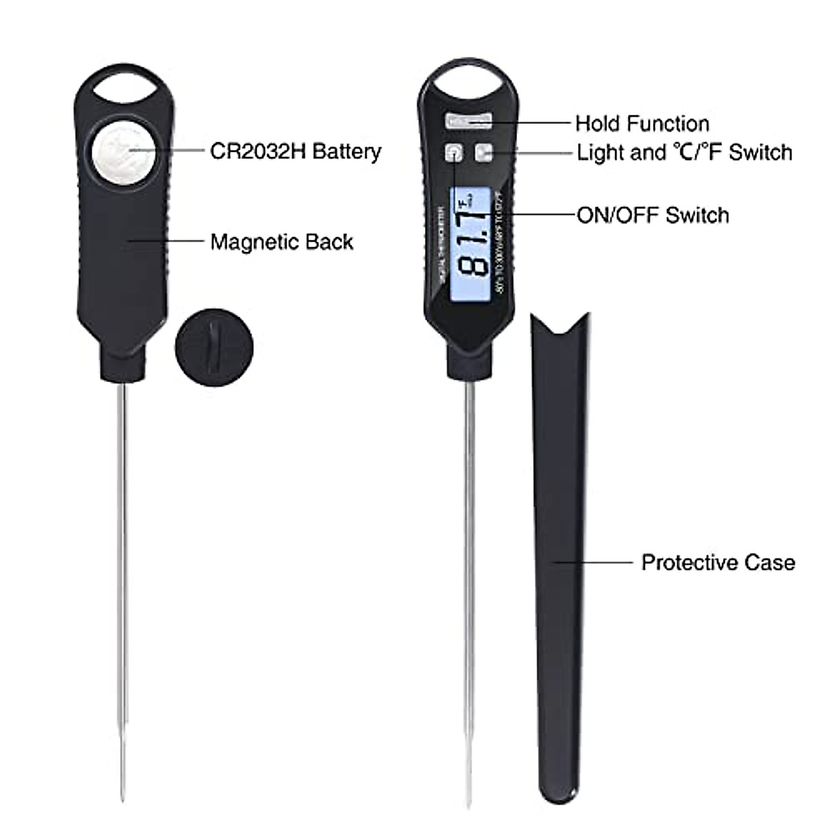BlueSwan Meat Thermometer, Digital Instant Read Kitchen Food Thermometer, IP66 Waterproof 5.1" Long Probe Thermometer for Cooking, Grilling, Candy, Oil, Milk