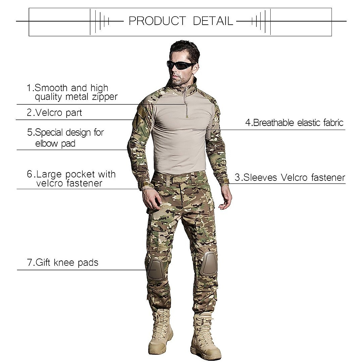 SINAIRSOFT Tactical Pants Shirt with Knee Pads Army Airsoft Combat BDU Pants Shirt Multicamo
