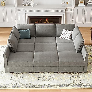 HONBAY Modular Sofa Sectional Couch U Shape Sofa with Ottomans Reversible Sectional Sleeper Sofa Modular Couch Bed with Storage, Grey