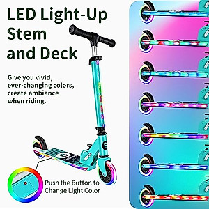 BELEEV Scooters for Kids Ages 3-12 with Light-Up Wheels & Stem & Deck, 2 Wheel Folding Scooter for Girls Boys, 3 Adjustable Height, Non-Slip Pattern Deck, Lightweight Kick Scooter for Children (Aqua)