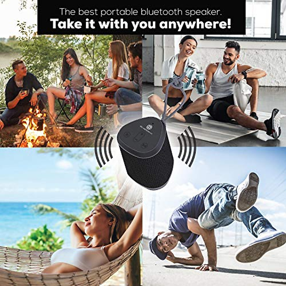 Bluetooth Speaker Portable Wireless Waterproof, from SilverOnyx, Loud Crystal Clear Stereo Sound, Rich Bass Subwoofer, Built-in Mic, IPX6 Rated Speakers, Perfect for Pool, Shower, Home, Travel - Black