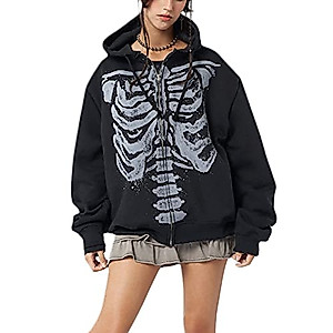 Yuemengxuan Womens Y2K Zipper Hoodie Long Sleeve Sweatshirt Harajuku Punk Grunge Tops Oversized Vintage Streetwear, Skeleton Black, Small