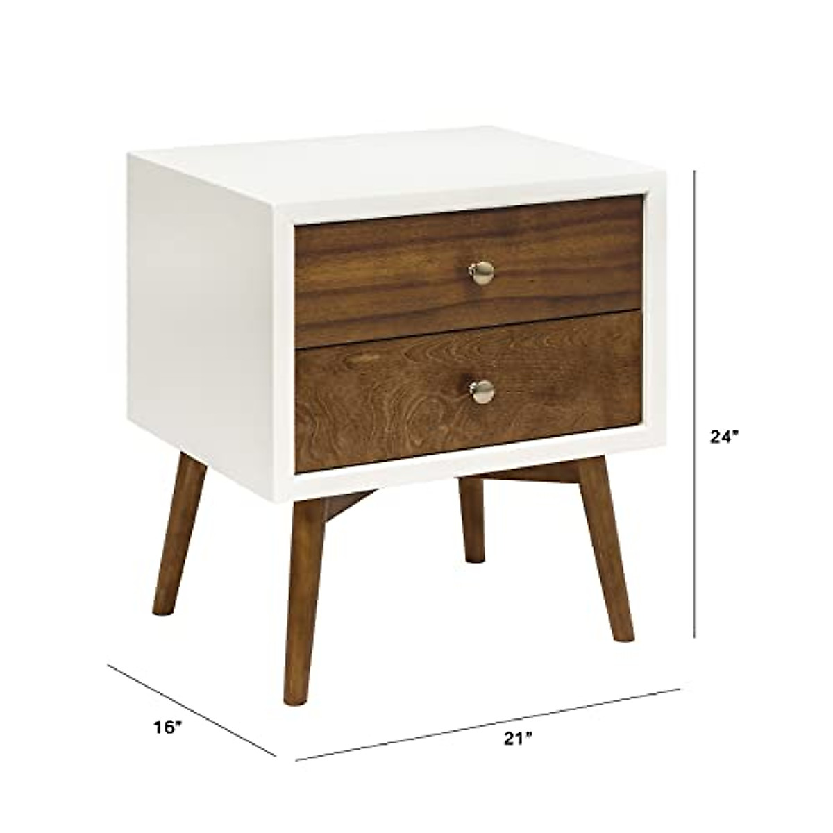 Babyletto Palma 2-Drawer Nightstand with USB Charging Port, Mid-Century, Warm White/Walnut