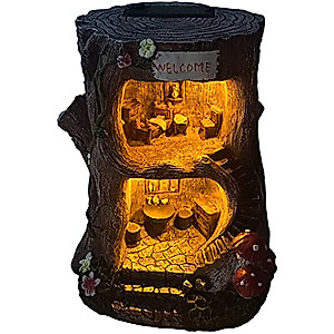 BEXLEYBAY Solar Light Gnome Fairy Tree House Outdoor Statues, Big Size Elf Miniature Buildings Tree House Sculptures for Outdoor Garden Patio Lawn Path Decorations, 8" Tall