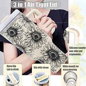 WEXINBF 40oz Tumbler With Handle And Straw Lid, Double Wall Vacuum Insulated Tumbler for Hot or Cold Drink, Stainless Steel Water Bottle Travel Mug, Large Iced Coffee Cup (Hot Pink Sunflower)