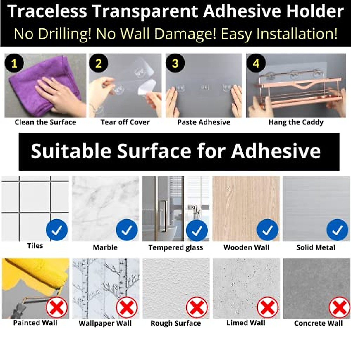 BABYLION1 Rose Gold Bathroom Organizer Shelf – 2 Pack Shower Caddy Baskets with 4 movable Hooks – Rustproof Stainless Steel Strong Adhesive Cute Storage Decor Rack for Inside Shower, Kitchen