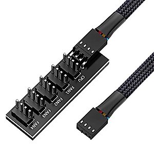 RISHTEN Motherboard PWM Fan Hub Splitter, 4 Pin Black Sleeved 5 Way PC CPU Cooling Case Fan Extension Splitter Adapter Cable 40cm/15.7inch for Computer Cooler Case Fans