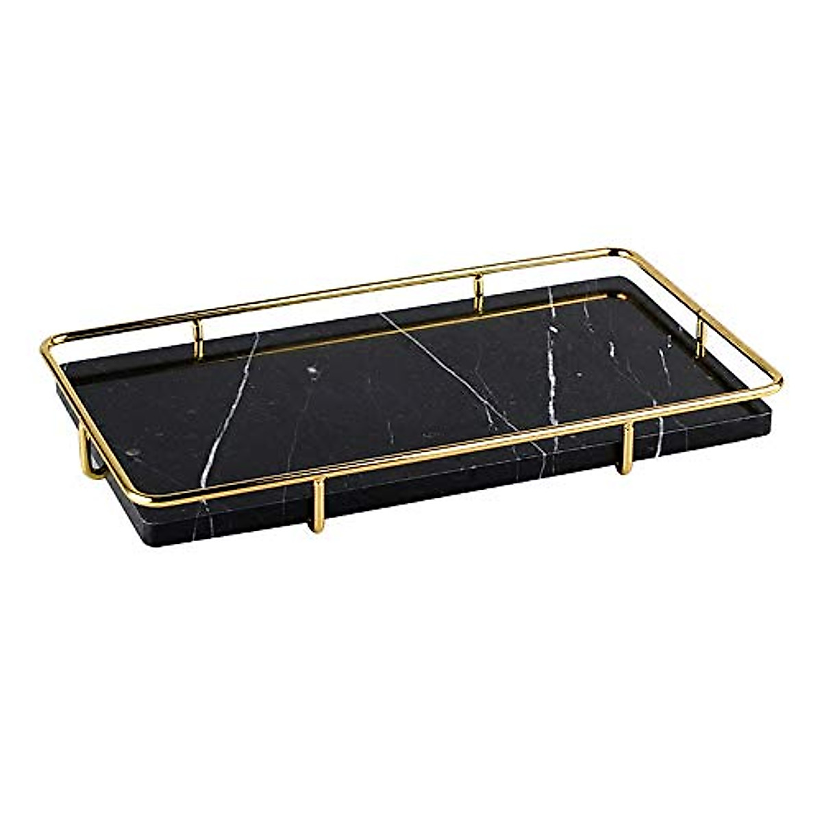 PuTwo Decorative Tray Black Marble Tray with Polished Gold Metal Handles Jewelry Tray Handmade Catchall Vanity Tray for Dresser Bathroom Vanity Table Bar Ideal Gift for Birthday Christmas - Black