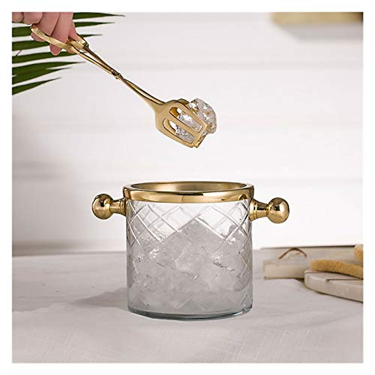 MAJHER Ice Bucket, Ice Bucket, Handmade Brass Glass Ice Bucket with Ice Clip Dining Table Cooler Wine Wine Rack Ice Bucket Champagne Can Cooler Wine Chiller Bucket Bucket