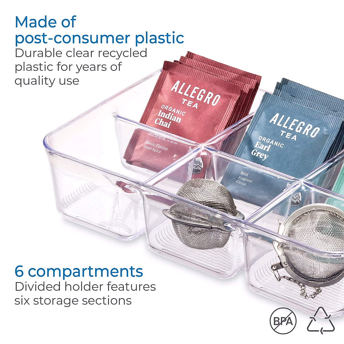 iDesign Divided Packet and Tea Bag Organizer for Kitchen Cabinets and Countertops, The Linus Collection - 6.5" x 9.5" x 2.25" - Clear