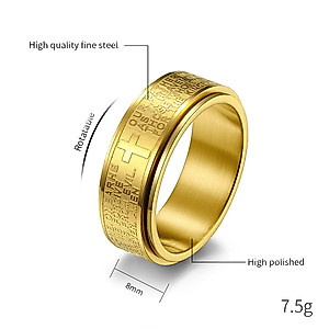 Christian Jesus Christ Lord Prayer Rotating Stress Relief Spinner Fidget Band Rings for Men Women for Anxiety Finger Rotate Freely Stainless Steel Wedding Promise Couple Band Rings Birthday Anniversary (Gold, 8)