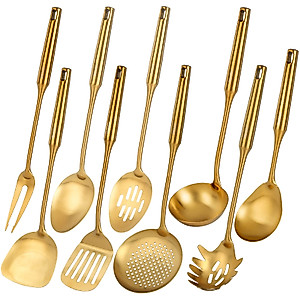 Gold Kitchen Utensils Set, Standcn 9 PCS 304 Stainless Steel All Metal Cooking Tools with Meat Fork, Solid Spoon, Slotted Spoon, Spatula, Ladle, Skimmer, Slotted Spatula, Spaghetti Server, Large Spoon