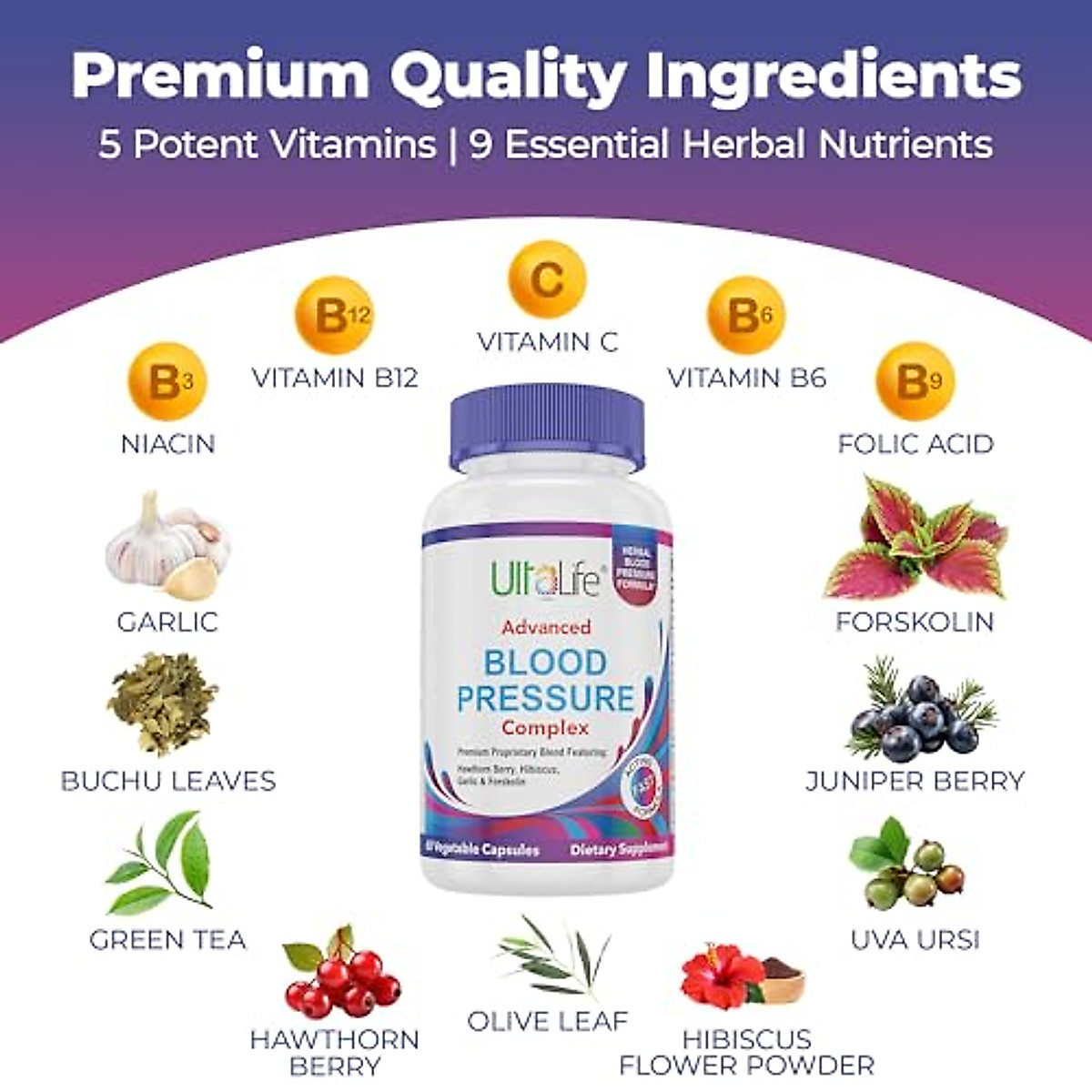 ULTALIFE Blood Pressure Supplements - Advanced Blood Pressure Supplement Complex - Hawthorn Berry, Hibiscus, Garlic, Forskolin - 14 Vitamins & Herbs, 30 Day Supply in Veggie Capsules