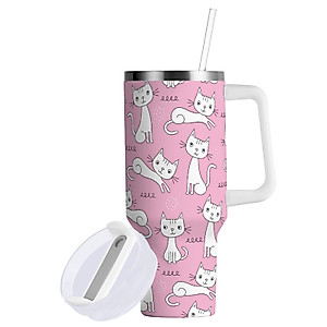 Cute Cat Cartoon Pink Tumbler with Handle and Straw Lid, Animal 40 oz Insulated Coffee Cup Stainless Steel Water Bottle Travel Mug Cupholder Friendly,Gifts for Women Men