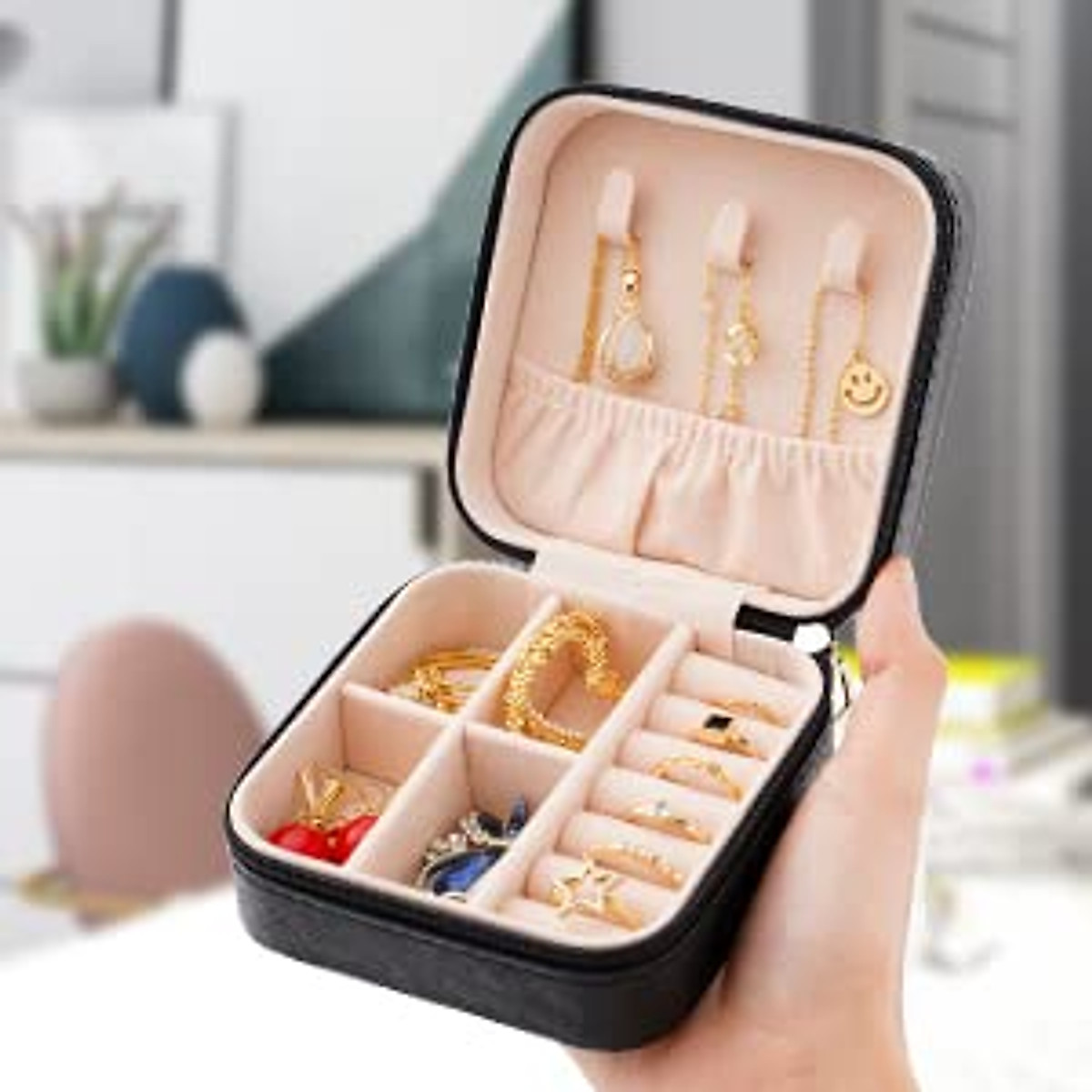 Portable Travel Mini Jewelry Box Leather Jewellery Ring Organizer Case Storage Gift Box Girls Women (black).