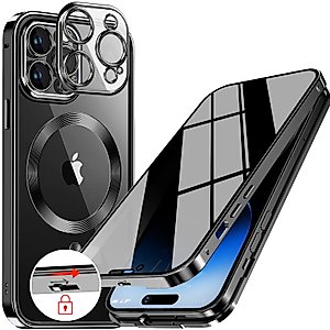 Upholyee [CD Metal Ring & Automatic Pop-up Lock Magnetic Privacy Case for iPhone 13 Pro Max [Compatible with MagSafe] [Integrated Lens Protection] Full Body Bumper Cover with Built-in 9H Glass-Black