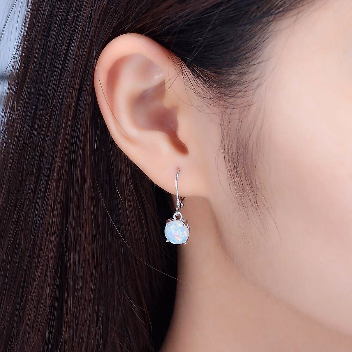 CiNily Womens Opal Dangle Earrings Rhodium Plated Leverback hypoallergenic Gemstone Drop Earrings