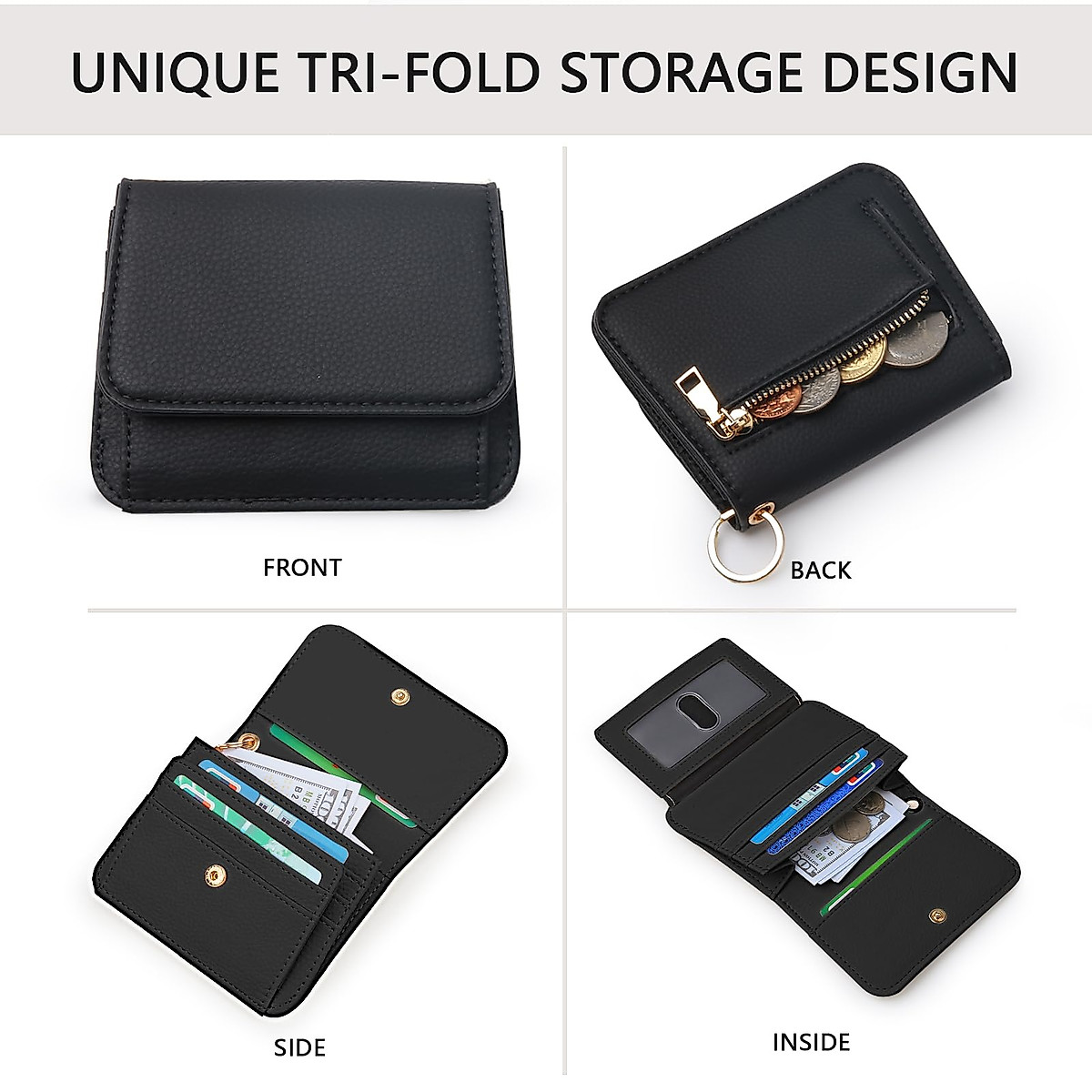 Sunpour Keychain Wallet RFID Wristlet Wallets for Women,Small Wallets Woman Key Chain Wallet with Coin Pocket and Id Window (Black)