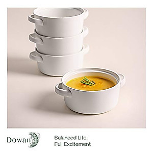DOWAN Soup Bowls with Handles, 24 ounces Ceramic Cereal Bowl Set for kitchen, White French Onion Soup Crocks, Microwave Oven Safe, Stackable Soup Mug for Soup, Cereal, Stew, Chilli Set of 4
