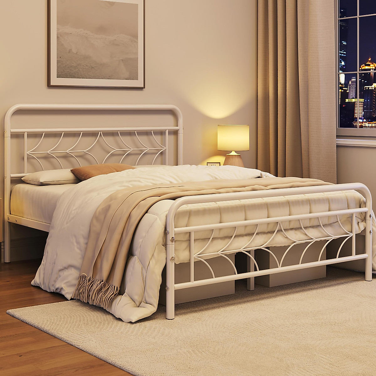 Topeakmart Queen Bed Frames Metal Platform Bed with Sparkling Star-Inspired Design Headboard and Footboard/13 Inch Underbed Storage/No Box Spring Needed/Sturdy Slat Support, White Queen Bed