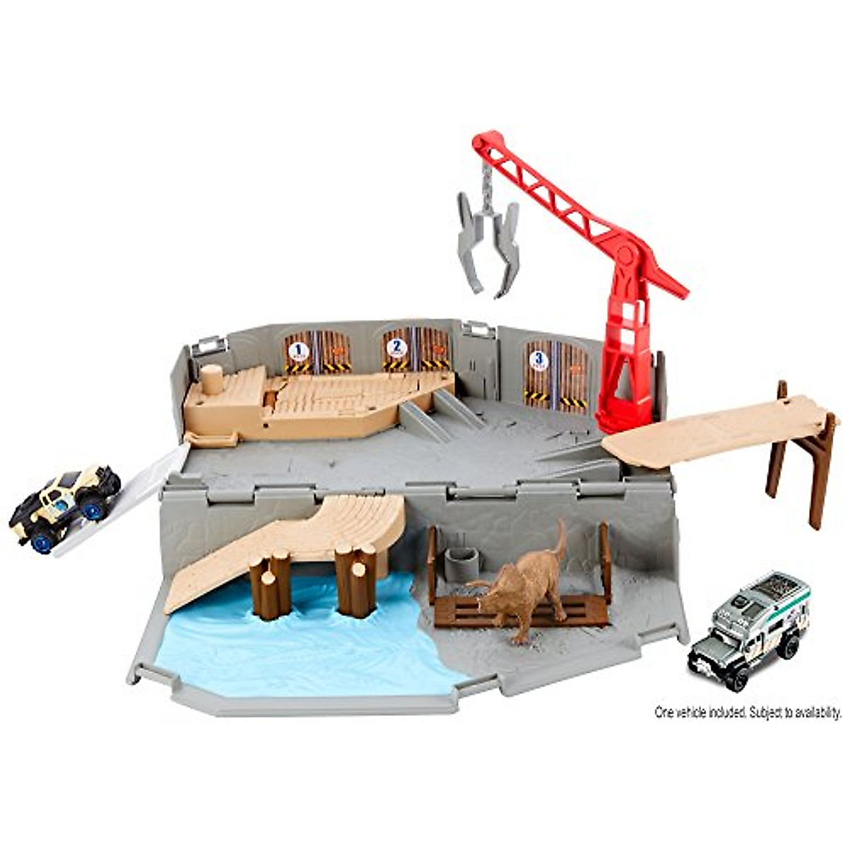 Jurassic World Toys Matchbox Harbor Rescue Playset, Dock, Ramps, Crane, Habitat Pen, Push Button Trigger, Triceratops Dino Action Figure, Off Road vehicle, Folds Up for Easy Storage, Portable