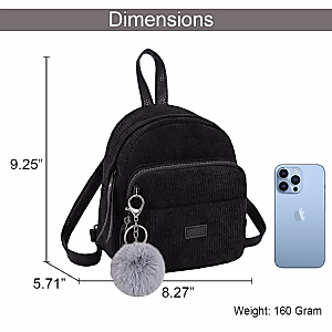 Cute Mini Backpack 3 Way Carry Light-weight Corduroy Casual Daypack Detachable Keyring Fur Pom Pom Ball for Women (black)