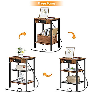 HOOBRO End Table Set of 2 with Charging Station and USB Ports, 3-Tier Nightstands with Adjustable Shelf, Narrow Side Table for Small Space in Living Room, Bedroom and Balcony, Rustic Brown BF112BZP201