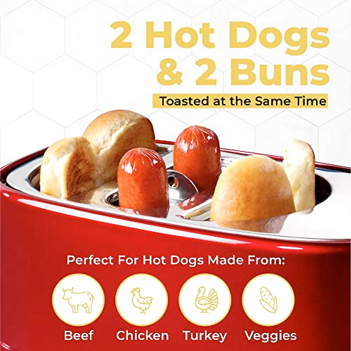 Nostalgia 2 Slot Hot Dog and Bun Toaster with Mini Tongs, Retro Hot Dog Toaster, Hot Dog Cooker that Works with Chicken, Turkey, Veggie Links, Sausages and Brats, Metallic Red