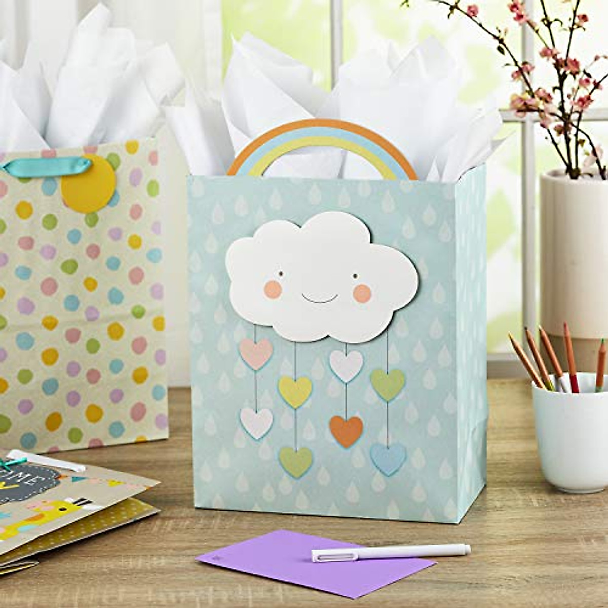 Hallmark 13" Large Baby Shower Gift Bags Assortment with Tissue Paper (Pack of 3, Cloud and Rainbow, Giraffe, Pastel Polka Dots)