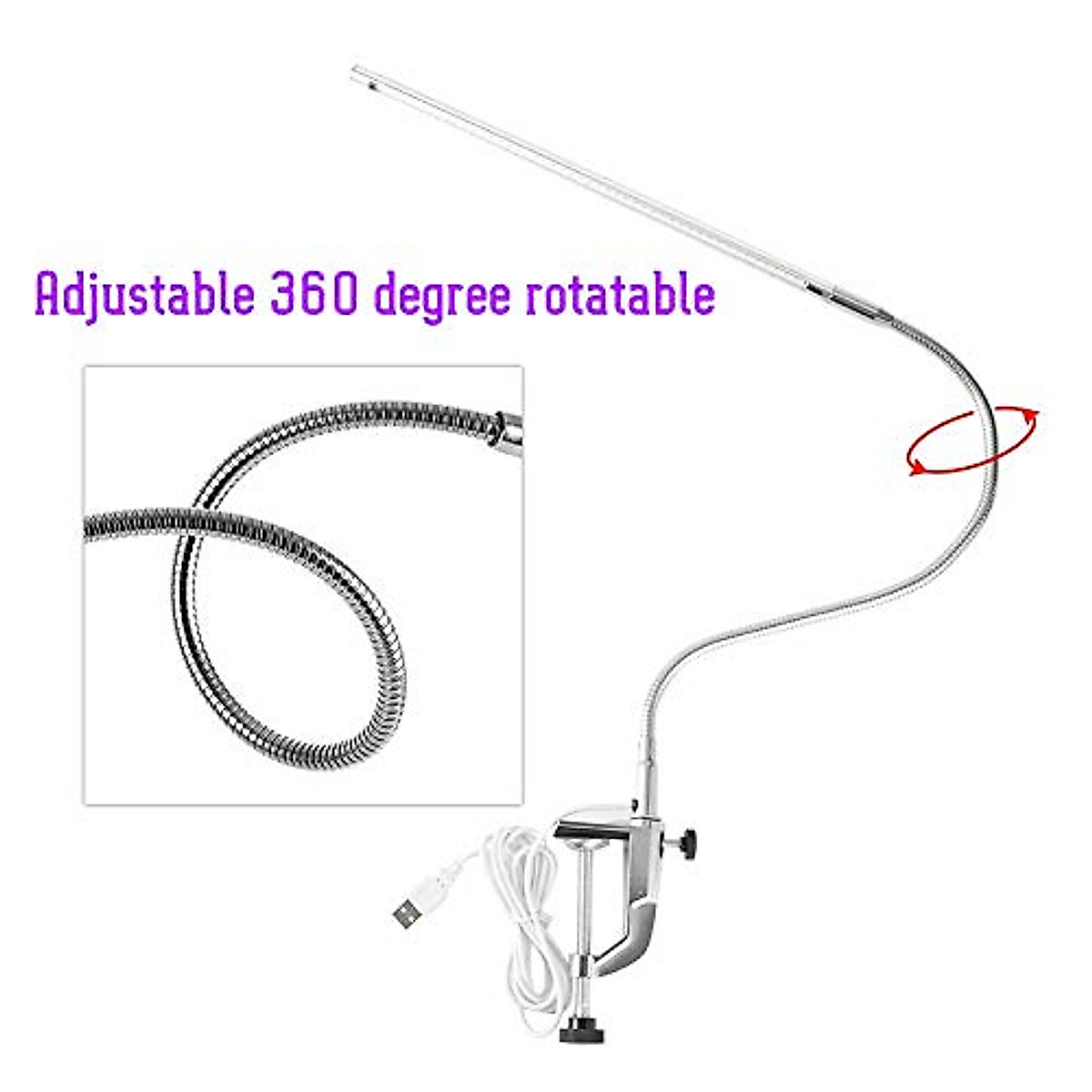 N/C Desk Lamp with Clamp, USB LED Adjustable Clip Nail Desk Light Eye Care GooseNeck 360° Swivel Clamp Light Tool for Manicure Reading Eyebrow Trimming Office Tattoo