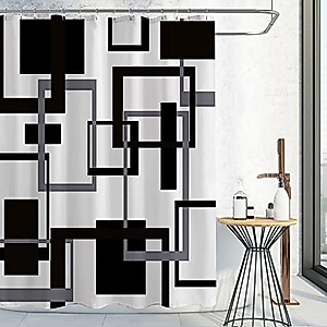 Gibelle Geometric Fabric Shower Curtain Set, Abstract Mid Century Modern Minimalist Waterproof Shower Curtain for Bathroom Decor, 72 x 72, Black and White Black Grey