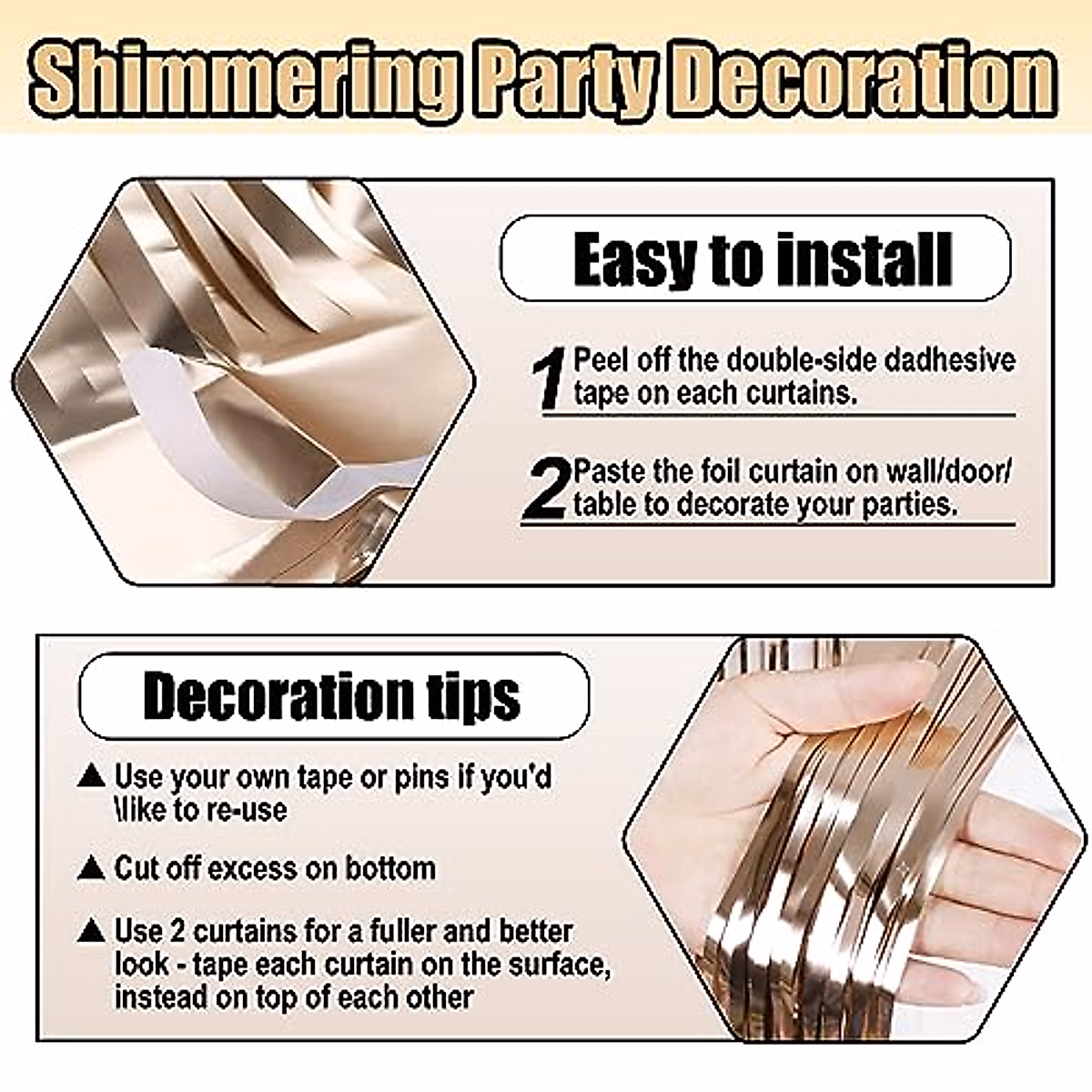 6 Pack Champagne Gold Foil Fringe Curtain Backdrop, 3.28Ft x 8.2Ft Metallic Tinsel Foil Fringe Streamer Curtains for Photo Booth, Halloween, Christmas, Birthday, Wedding Party Decorations