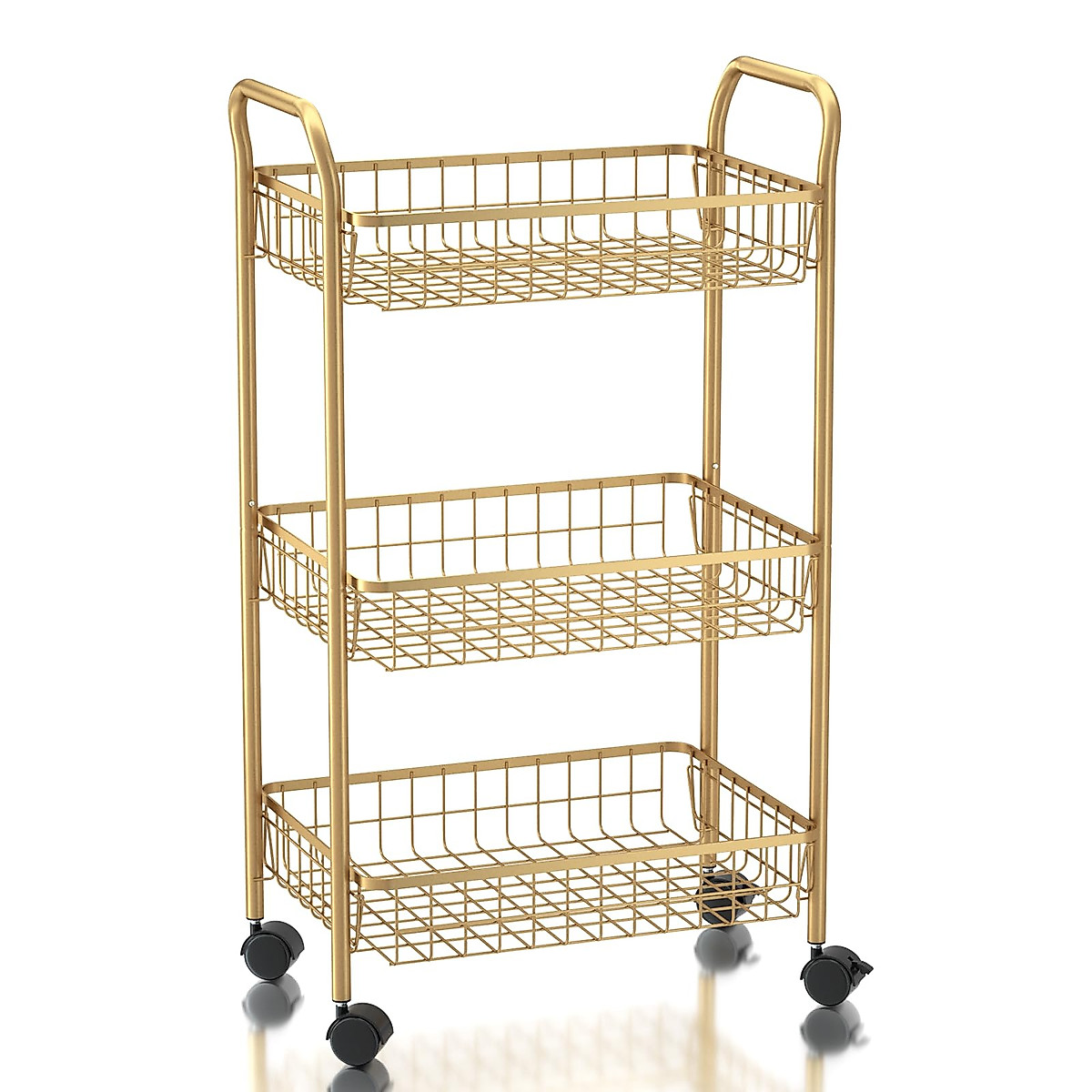 MNOPQ 3 Tier Rolling Utility Cart, Storage Trolley Service Cart with Wheels Easy Assembly for Kitchen, Living Room, Office, Salon, Gold