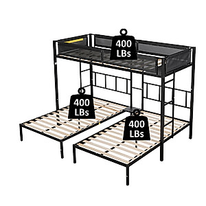 Oudiec Triple Bunk Bed Twin Over Twin, Metal Bedframe with Safety Guardrail & Ladder, Can Be Separated into 3 Twin Beds, No Box Spring Needed, Easy to Assemble for Dorm, Bedroom, Guest Room, Black