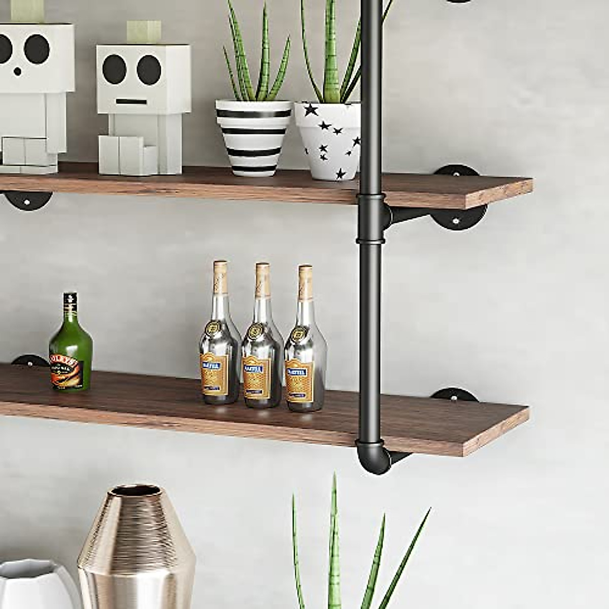 LBSLMJB Industrial Iron Pipe Shelving 5-Story Rustic Black DIY Open Pipe Shelves with Wood Planks Bookshelf, Wall Mount Hanging Steampunk Storage Office Room Kitchen Shelves