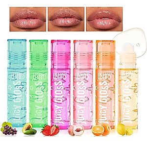 Roll On Lip Oil Hydrating Lip Gloss Set, 6 Colors Fruit Transparent Plumping Lip Gloss, Natural Shiny, Crystal Jelly Liquid Lipstick Non-Stick Cup Long Lasting Lip Care (A)