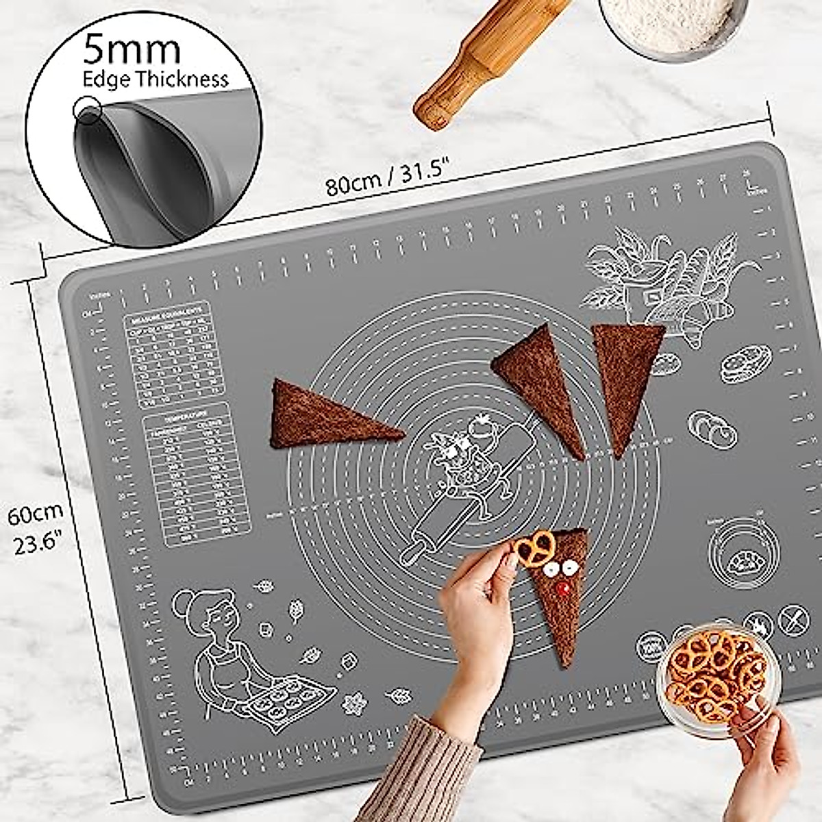 Silicone Baking Mat 32x24 inch, Extra Thick Non-stick Pastry Mat with Measurements and Edge Heightening, Food Grade Silicone for Countertop Dough Rolling Making Bread, Cookies, Pizza, Fondant, Pasta