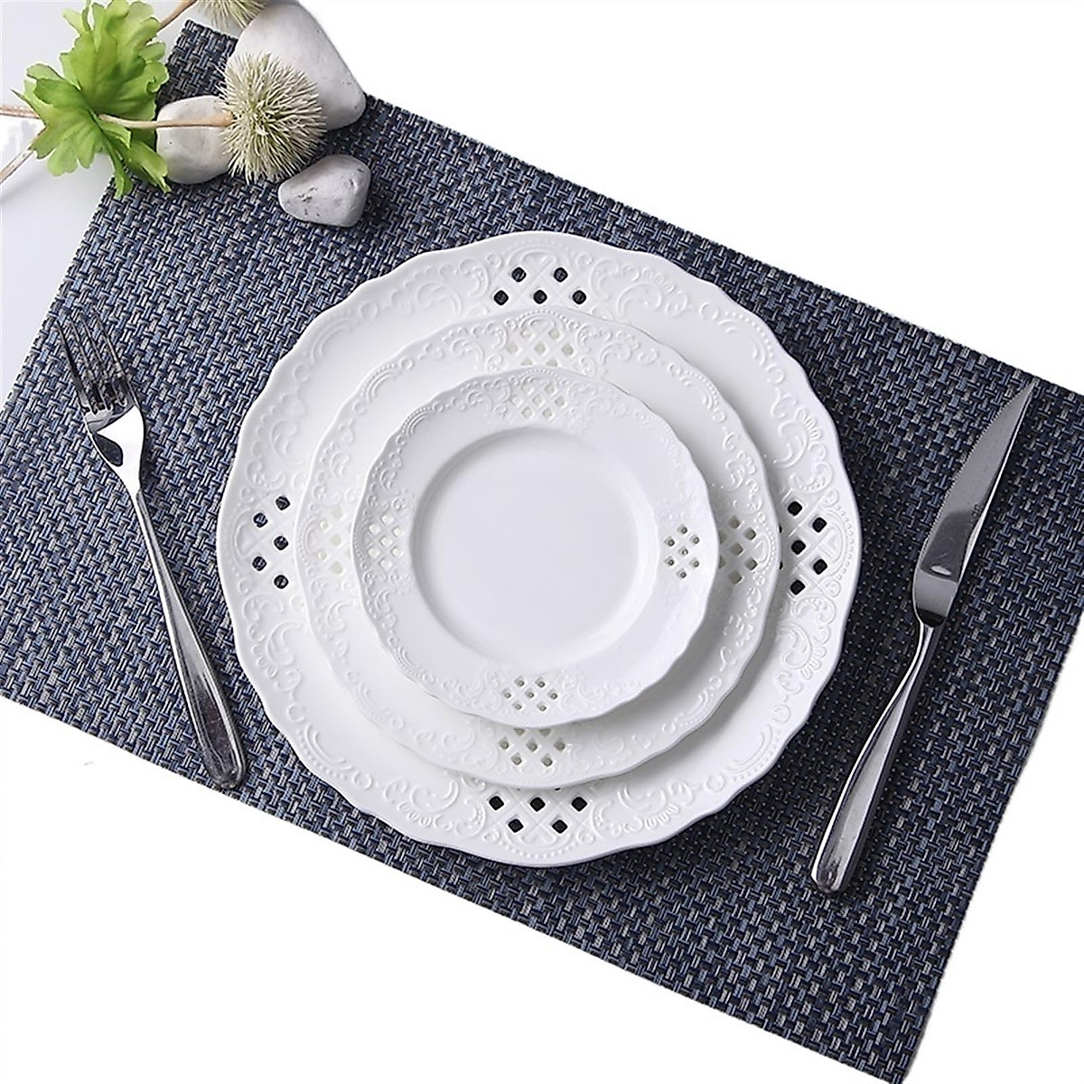 EERINESS Dinner Plates Set Hollow Out Dessert Plate White Disc Home Kitchen Restaurant Coffee Shop Flat Plate Ceramic Fruit Plate Round Fruit Tray Kitchen Salad Bowl (Color : A)